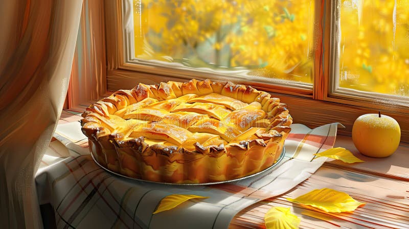 Warm Pie Cooling on a Window Sill with Vibrant Yellow Backdrop Stock ...