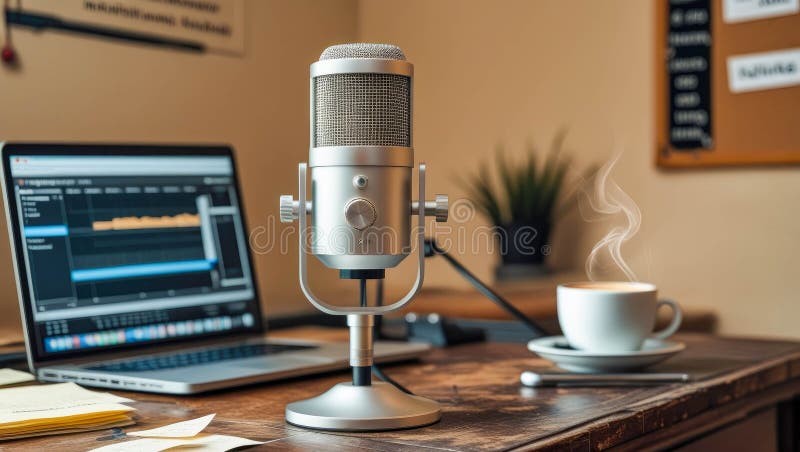 Warm Podcast Recording Setup Featuring a Stylish Microphone, Coffee Cup ...