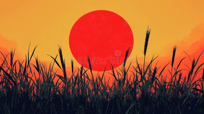The Warm Red Sun Descends Behind a Field of Tall Grass, Creating a ...
