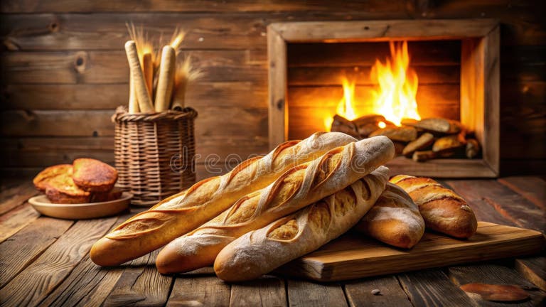 Warm Rustic Bakery Scene with Golden Crusty Bread by a Cozy Fireplace ...