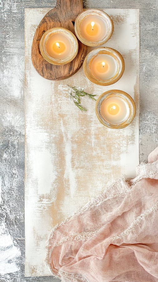 Warm Rustic Candle Arrangement on Textured Background with Pink Cloth ...