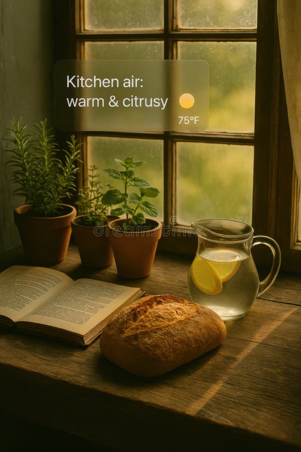 Warm Rustic Kitchen Still Life with Bread, Herbs and Lemon Water Stock ...