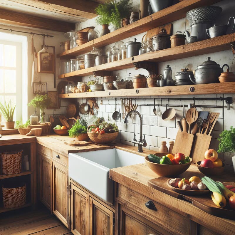 Warm Rustic Kitchen with Wooden Shelves and Fresh Vegetables Stock ...