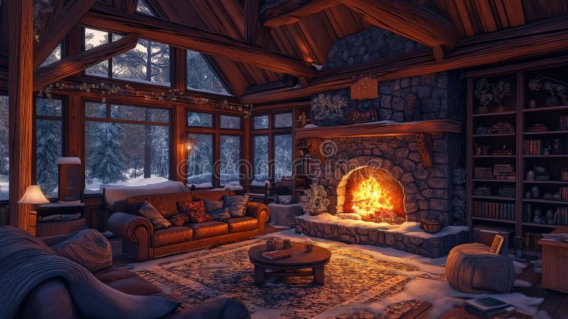 Warm and Rustic Winter Cabin Interior with Stone Fireplace Illuminating ...