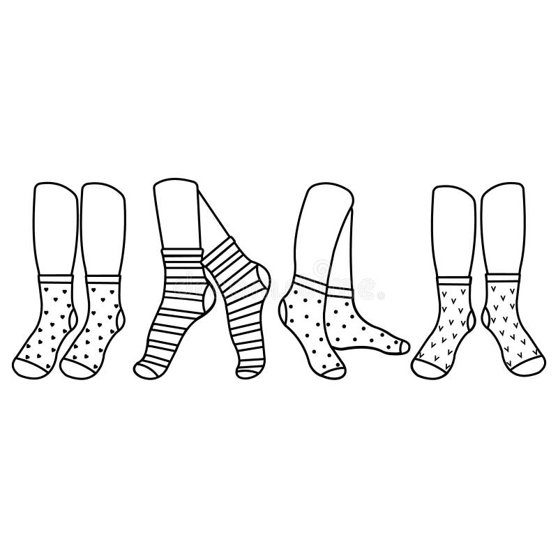 Warm Socks on the Feet with a Pattern, Black Outline, Vector ...