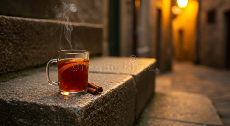 Warm Spiced Tea on Stone Steps at Dusk Stock Illustration ...