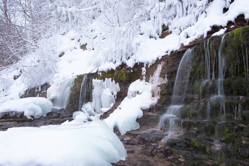 A Warm Springs and Waterfall Against the Backdrop of Fresh Snow and Ice ...