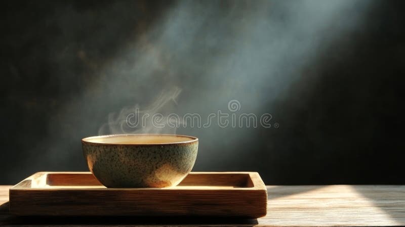 Warm Steam Rising from a Rustic Teacup on Wooden Tray Stock ...