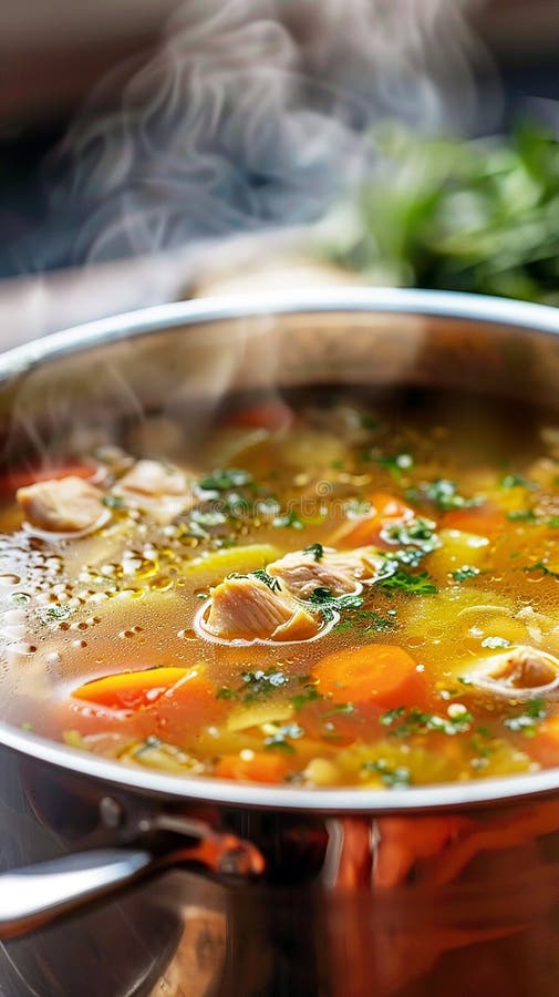 Warm and Steaming Chicken Broth with Vegetables and Chunks of Meat ...