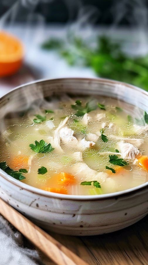 Warm and Steaming Chicken Broth with Vegetables and Chunks of Meat ...