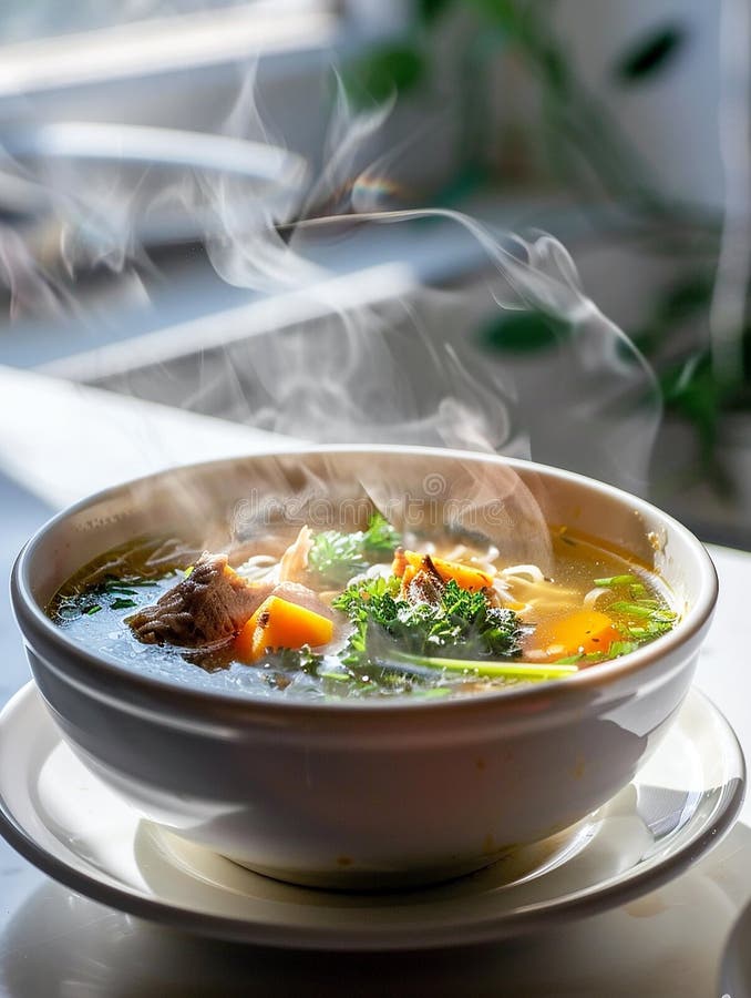 Warm and Steaming Chicken Broth with Vegetables and Chunks of Meat ...