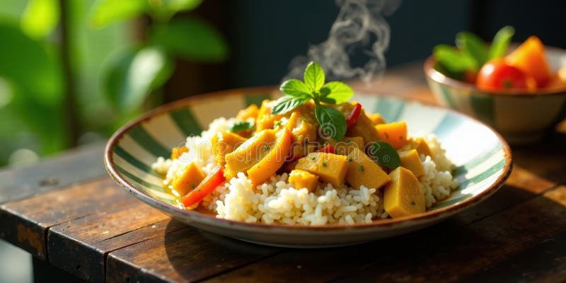Warm Steaming Vegetable Curry Served Over Fluffy White Rice on a Rustic ...