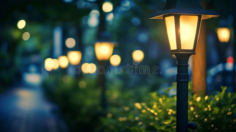 Warm Streetlights Illuminating a Peaceful Night Pathway Stock Image ...