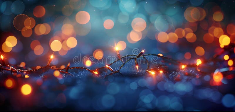 Warm String Lights on a Blue Bokeh Background Stock Image - Image of ...