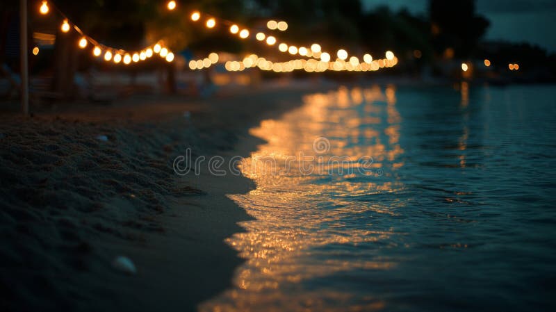 Warm String Lights Illuminate Night Beach Scene Stock Illustration ...