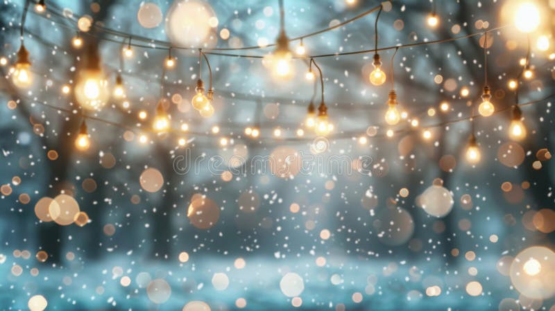 Warm String Lights in Winter Snowy Forest Background Stock Illustration ...