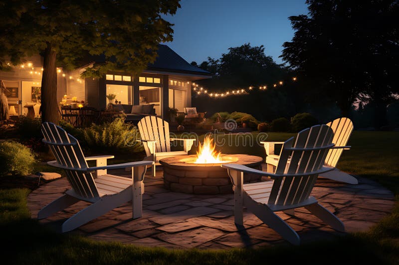 Warm Summer Evening in the Backyard of a House with a Fire Pit Stock ...