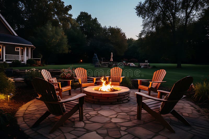 Warm Summer Evening in the Backyard of a House with a Fire Pit Stock ...