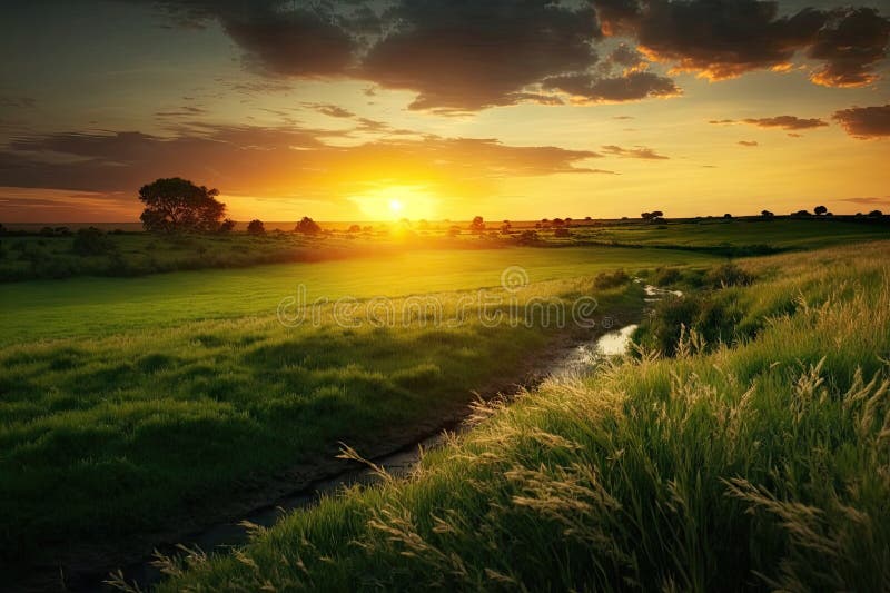 Warm Summer Sunset Over Meadows and Fields of Lush Green Grass Stock ...