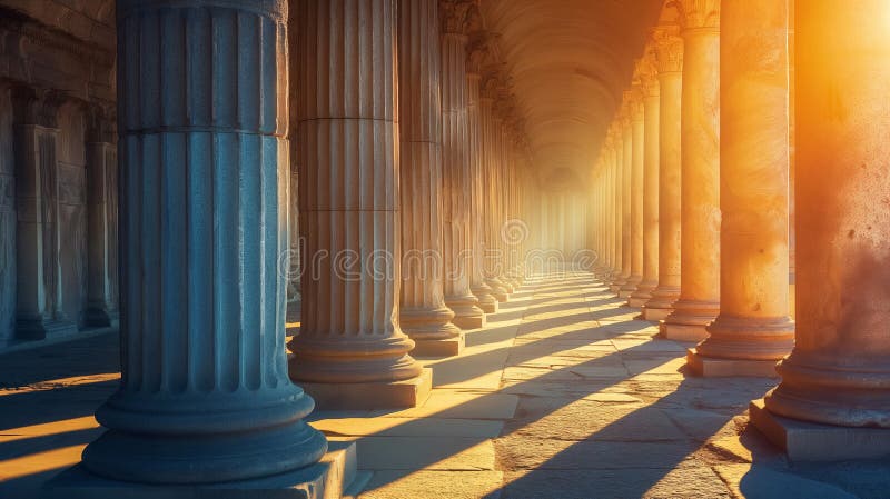 The Warm Sun Casts Long Shadows in a Corridor of Classical Columns ...