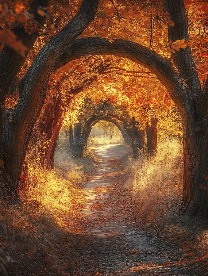 Warm Sun Rays on Quiet Fall Path through a Vibrant Autumn Forest Stock ...