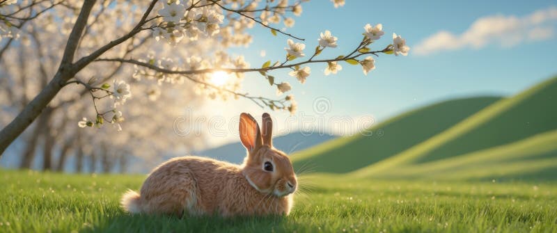 Warm Sunlight Bathes a Fluffy Rabbit Resting beside a Tree in a Serene ...