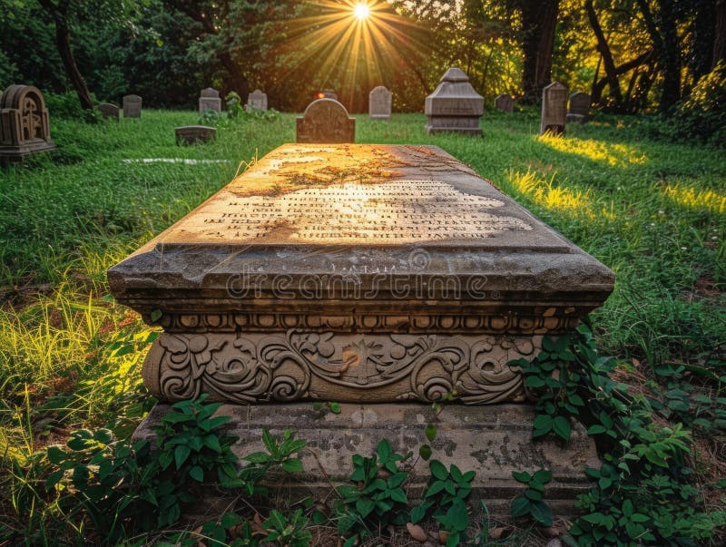 The Warm Sunlight Bathes a Headstone in a Cemetery, Casting a Peaceful ...