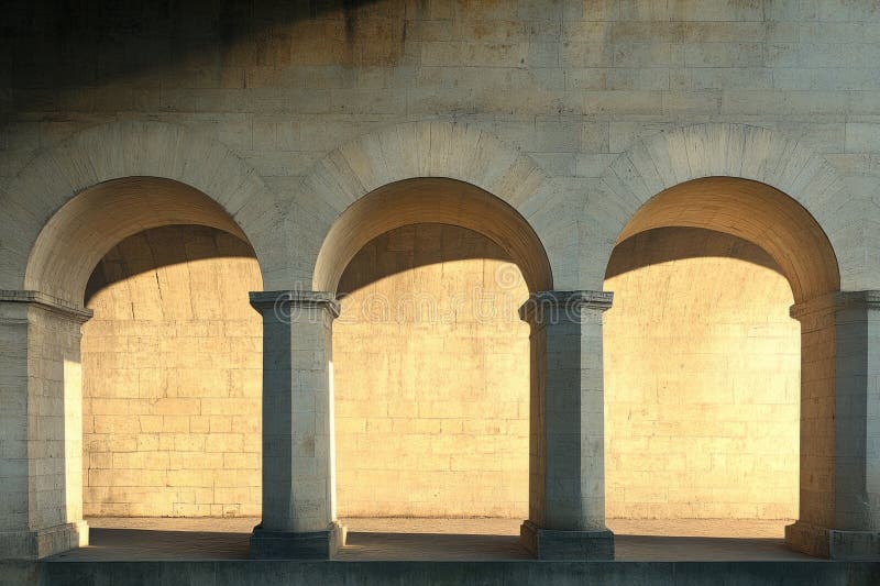 Warm Sunlight Bathes a Series of Stone Arches and Columns, Creating a ...