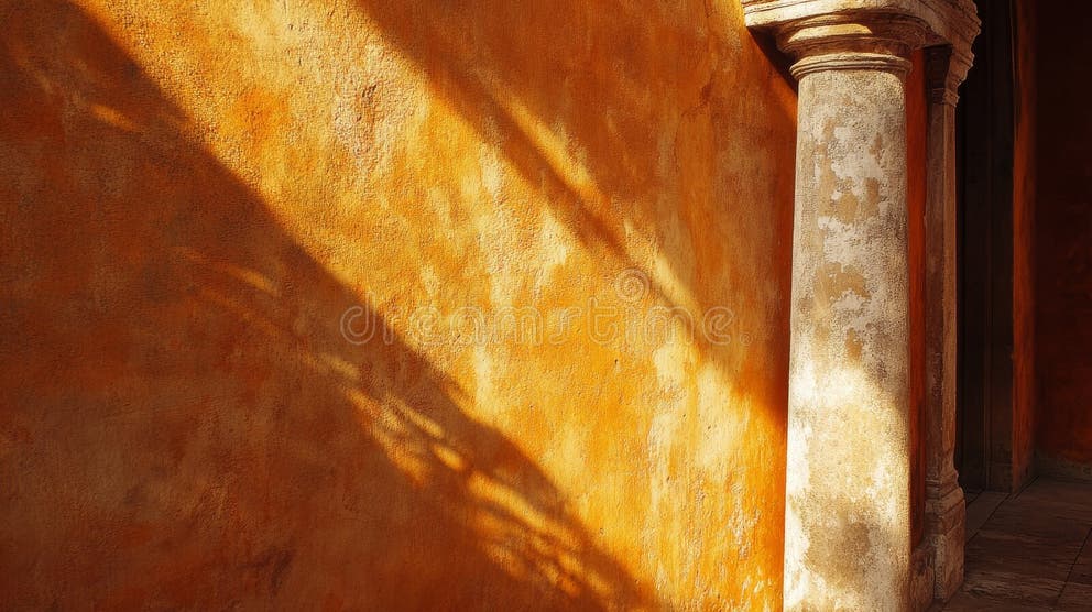 Warm Sunlight Casting Shadows on Ancient Orange Textured Wall and Stone ...