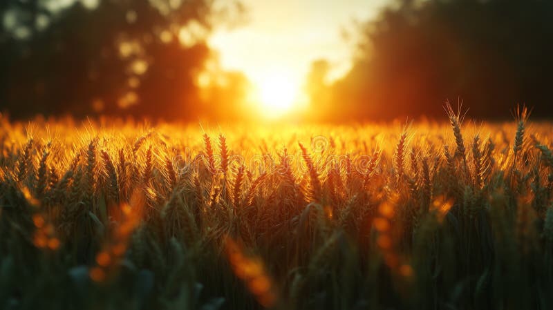 Warm Sunlight Casts a Warm Glow Over a Lush Green Wheat Field Stock ...