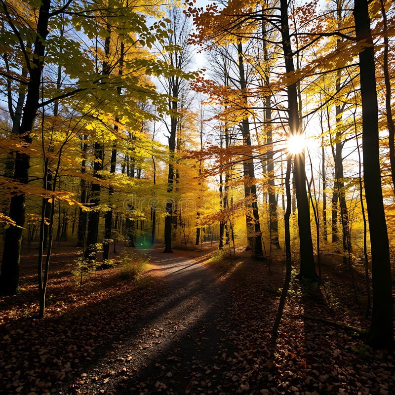 Warm Sunlight on German Forest Path Stock Illustration - Illustration ...