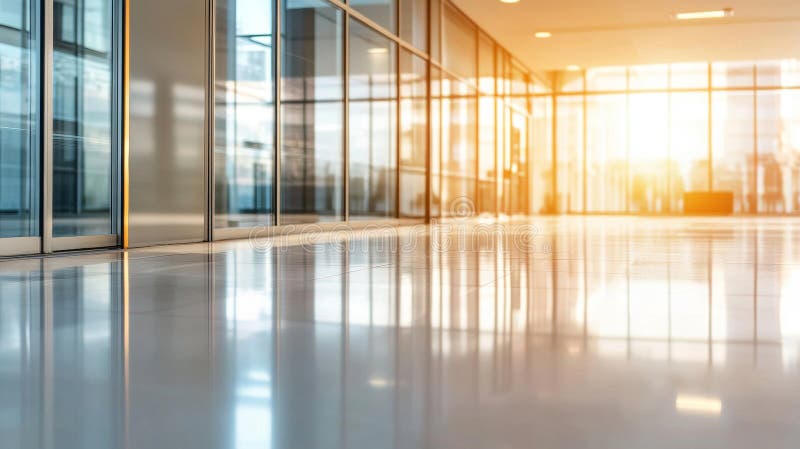 Warm Sunlight Illuminates a Long, Empty Corridor in a Modern Office ...