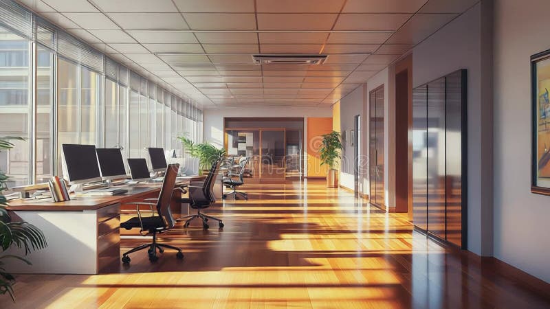 Sunlight Illuminating Modern Office Interior with Computers and Plants ...