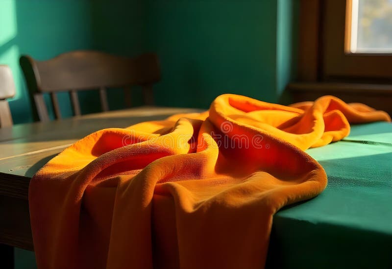 Warm Sunlight Illuminates an Orange Blanket Draped Over a Wooden Table ...