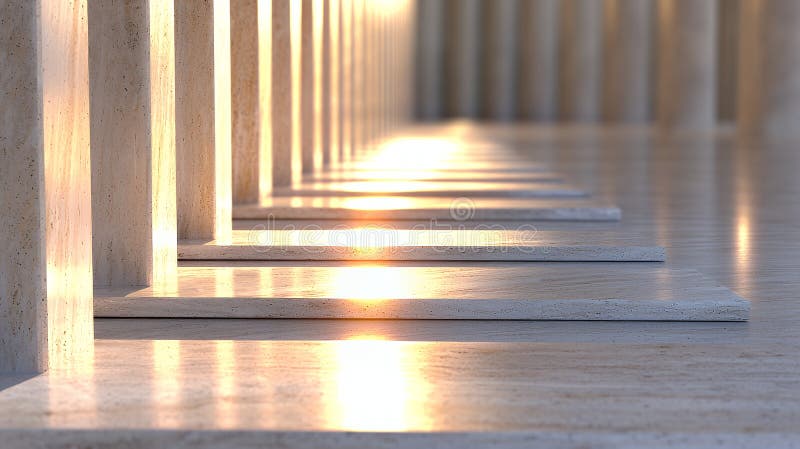 Architectural Interior with Repeating Columns and Stairs Bathed in Warm ...