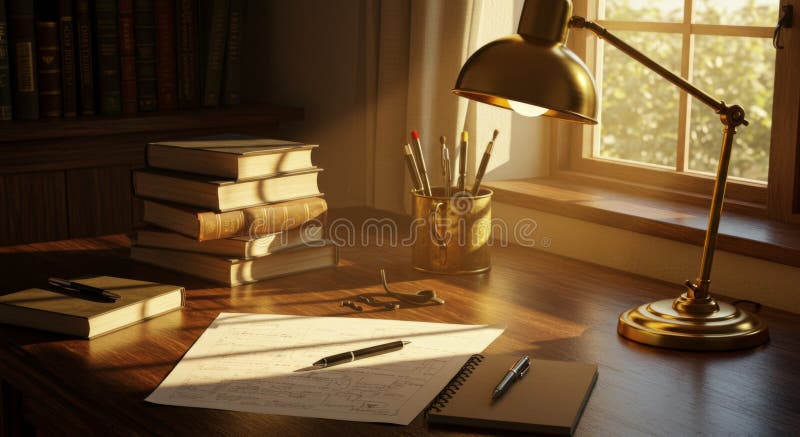 Warm Sunlight Illuminates a Wooden Desk with Books and Writing Tools ...