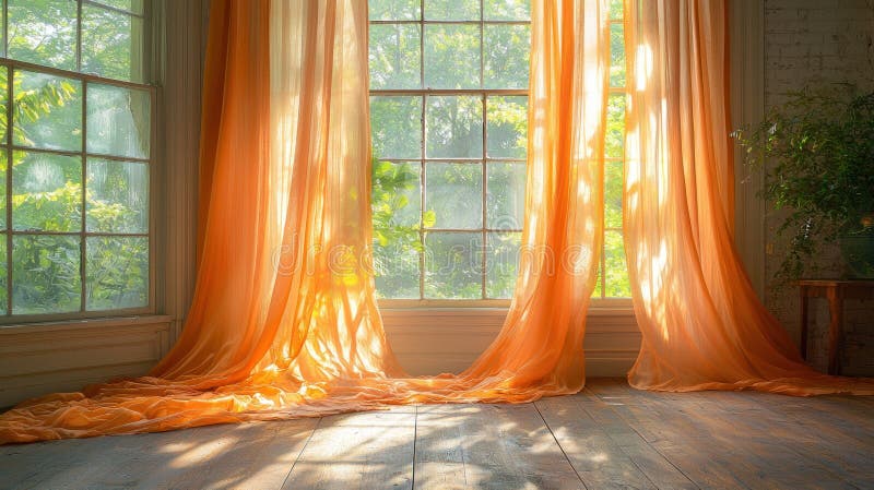 Warm Sunlight Illuminating a Room through Sheer Orange Curtains Stock ...