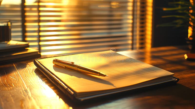 Warm Sunlight on Notebook and Pen Sitting on Wooden Desk Surface Stock ...