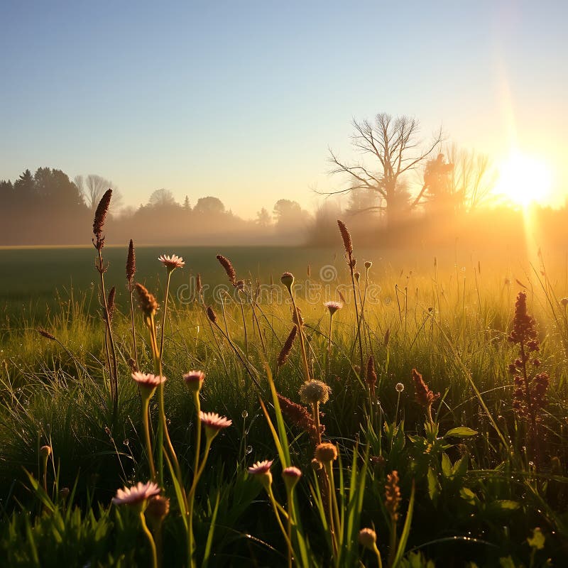 Warm Sunlight Over French Dewy Meadow Stock Illustration - Illustration ...