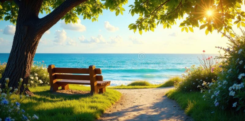 Warm Sunlight Paints a Seaside Bench Path, Inviting Sea View ...