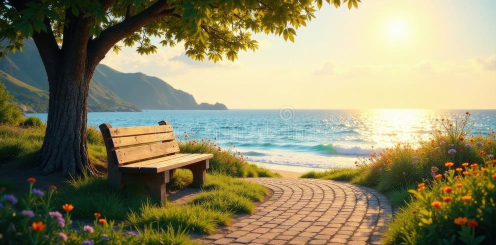Warm Sunlight Paints a Seaside Bench Path, Inviting Sea View , Pathway ...