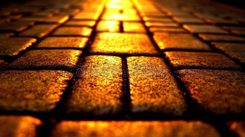 Warm Sunlight Reflects Off a Shiny Cobblestone Pathway at Sunset Stock ...