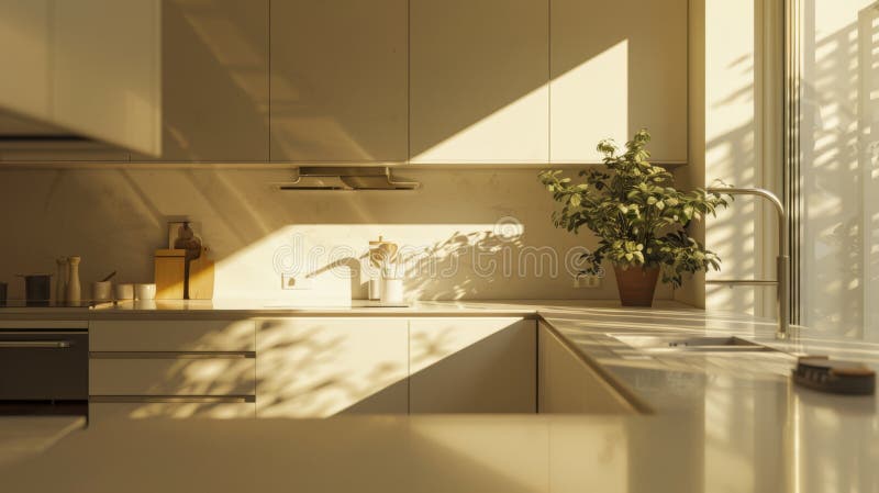 Warm Sunlight Shining into Modern Kitchen Interior Stock Photo - Image ...