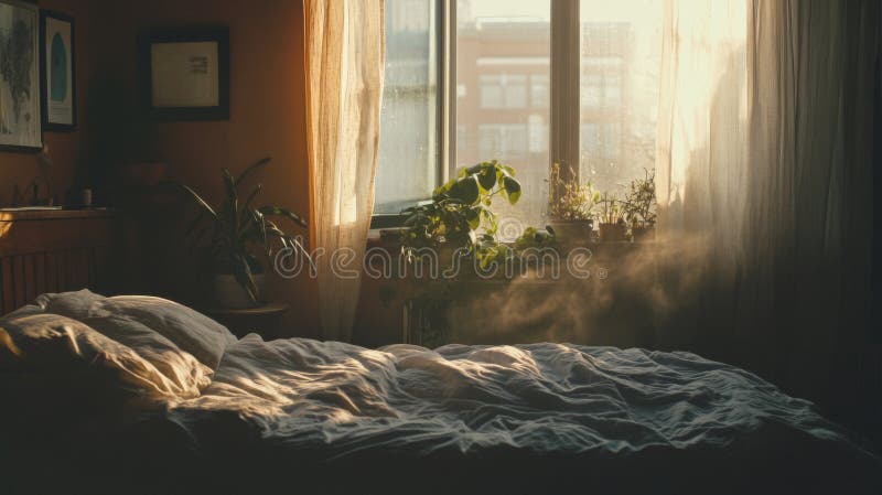 Warm Sunlight Streaming through Bedroom Window Stock Illustration ...