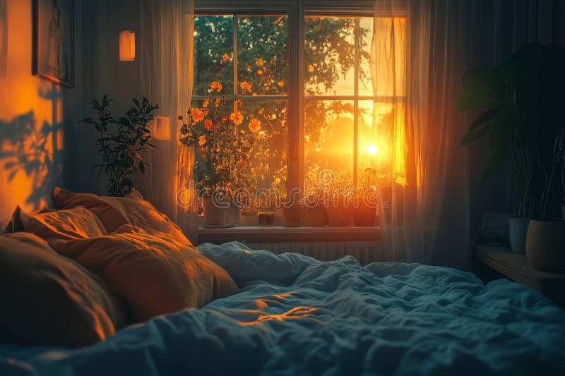 Warm Sunlight Streaming through a Window Illuminates a Cozy Bedroom ...