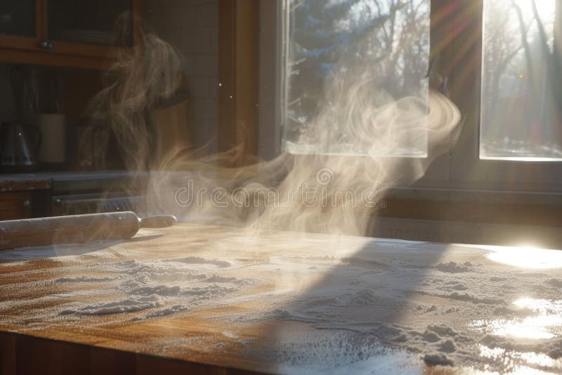 Warm Sunlight Streams through a Window Onto a Countertop Dusted with ...