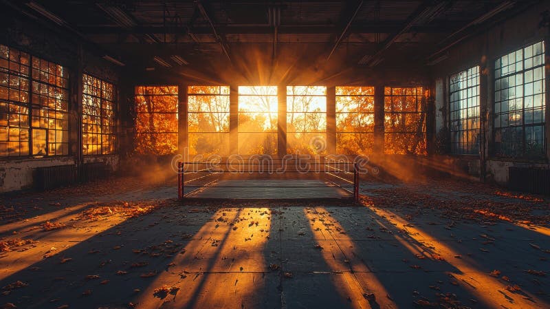 Warm Sunlight Streams through Windows Onto Empty Boxing Ring in Dimly ...