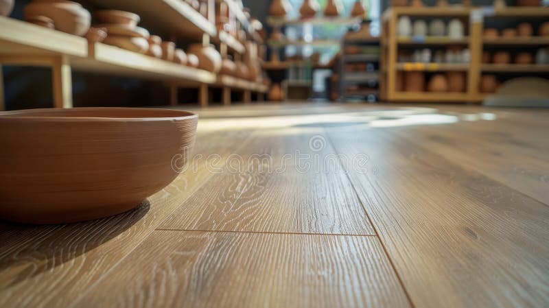 Warm Sunlight on Wooden Floor with Rustic Pottery Display in Cozy Store ...