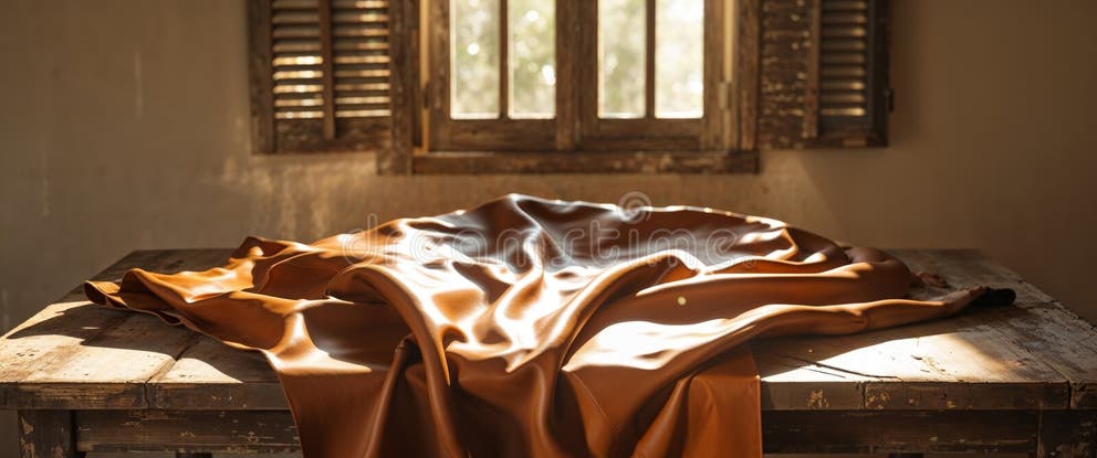 Warm Sunlit Leather Hide Draped on a Rustic Table by a Window. Stock ...