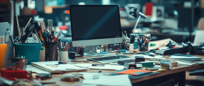 In a Warm, Sunny Room, There is a Chaotic Workplace with an Overflowing ...